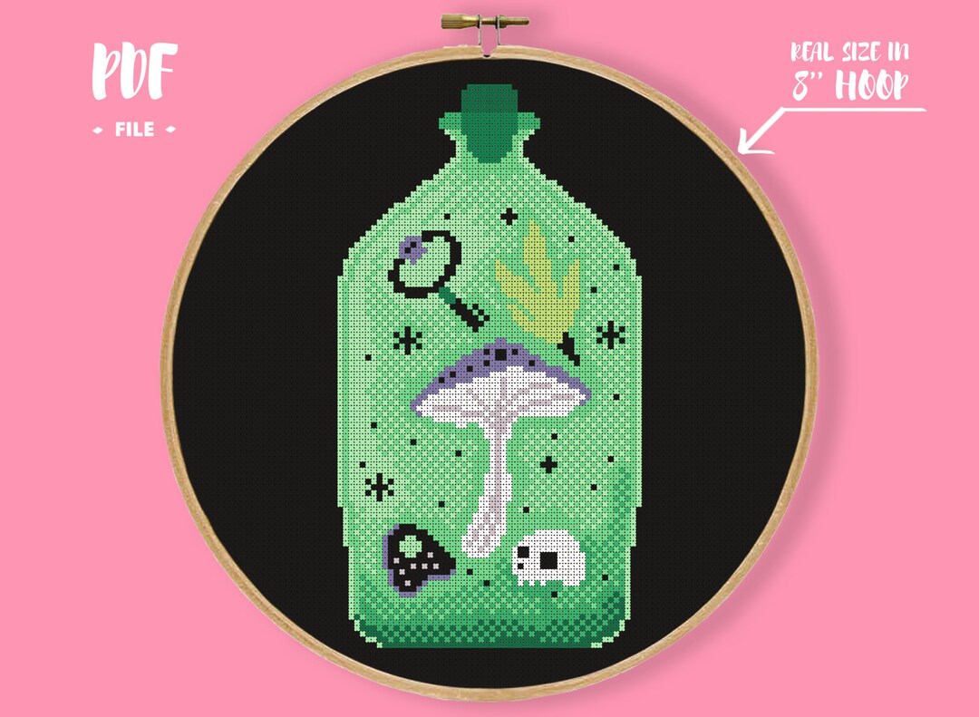 Green Witchy Jar Cross Stitch Pattern, Poison Mushroom Skulll ...