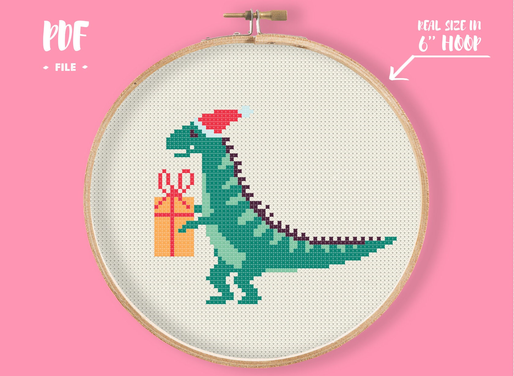 Christmas Dino Cross Stitch Pattern, Cute Animal Santa Helper ...