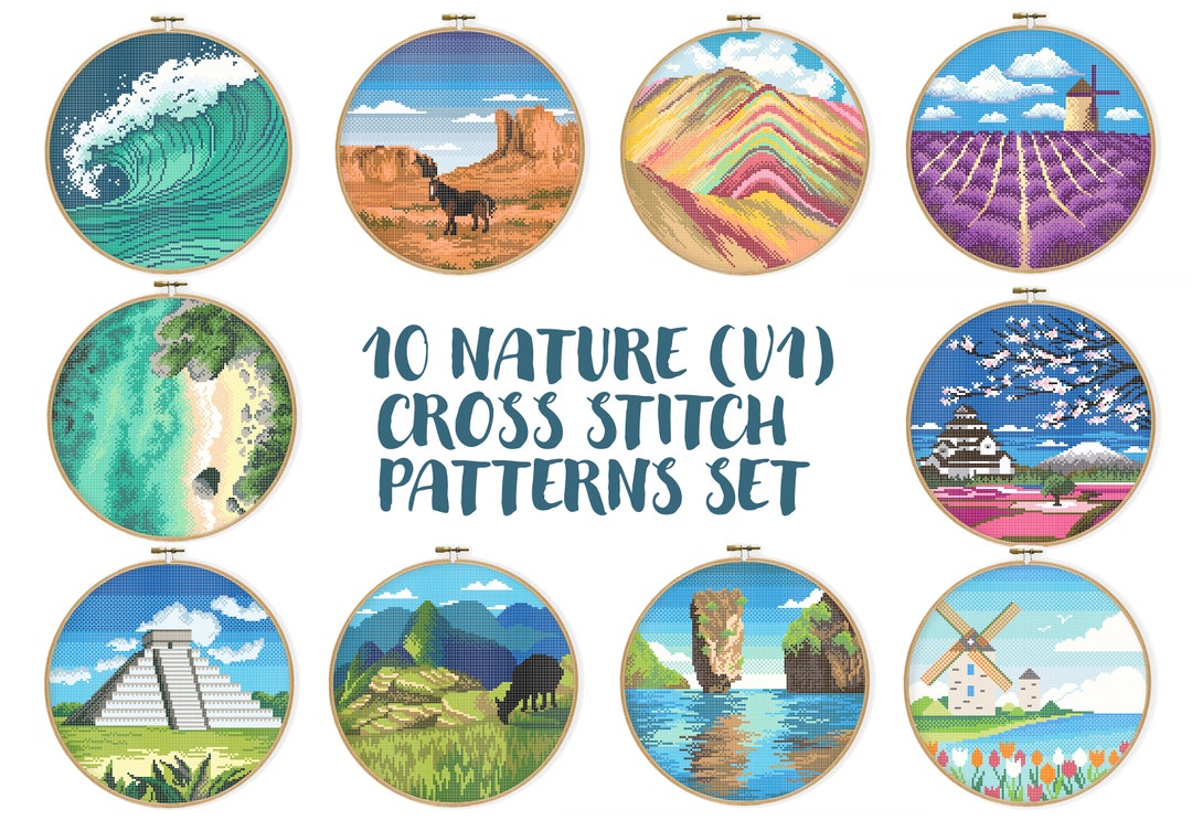 10 Nature V1 Cross Stitch Patterns, Nature Needlepoint Mountain Tulip ...