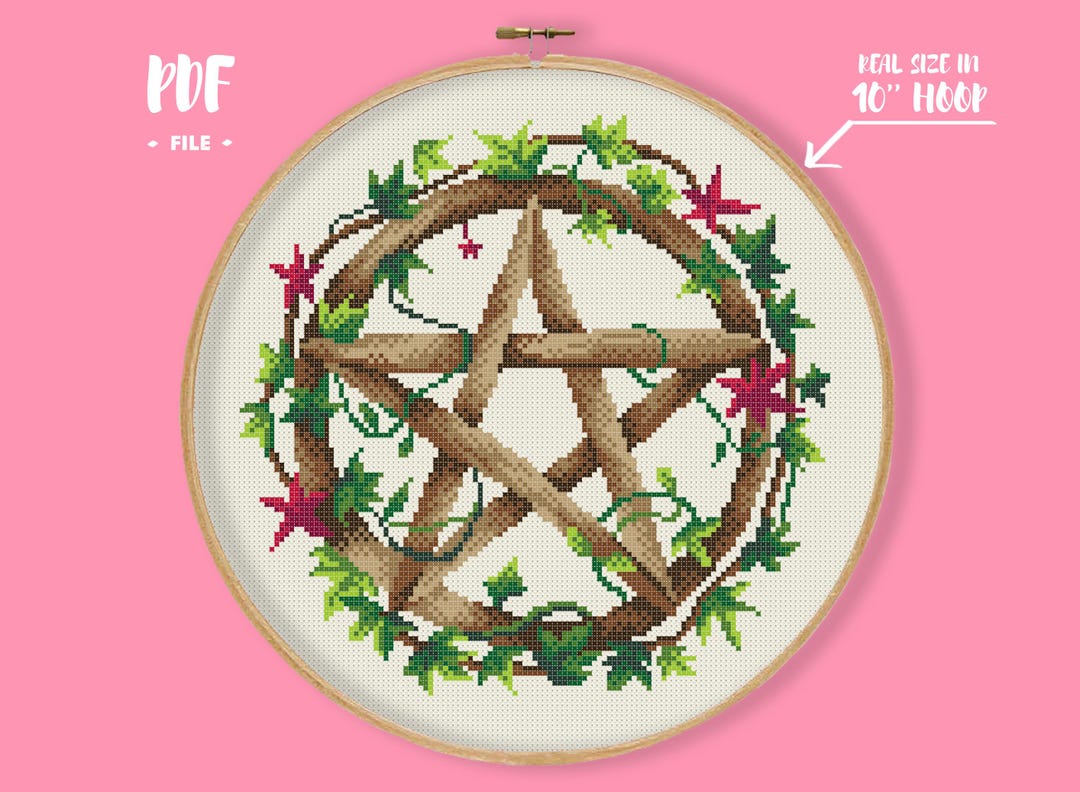 Red Flower Pentagram Cross Stitch Pattern, Gothic Embroidery, Pagan ...