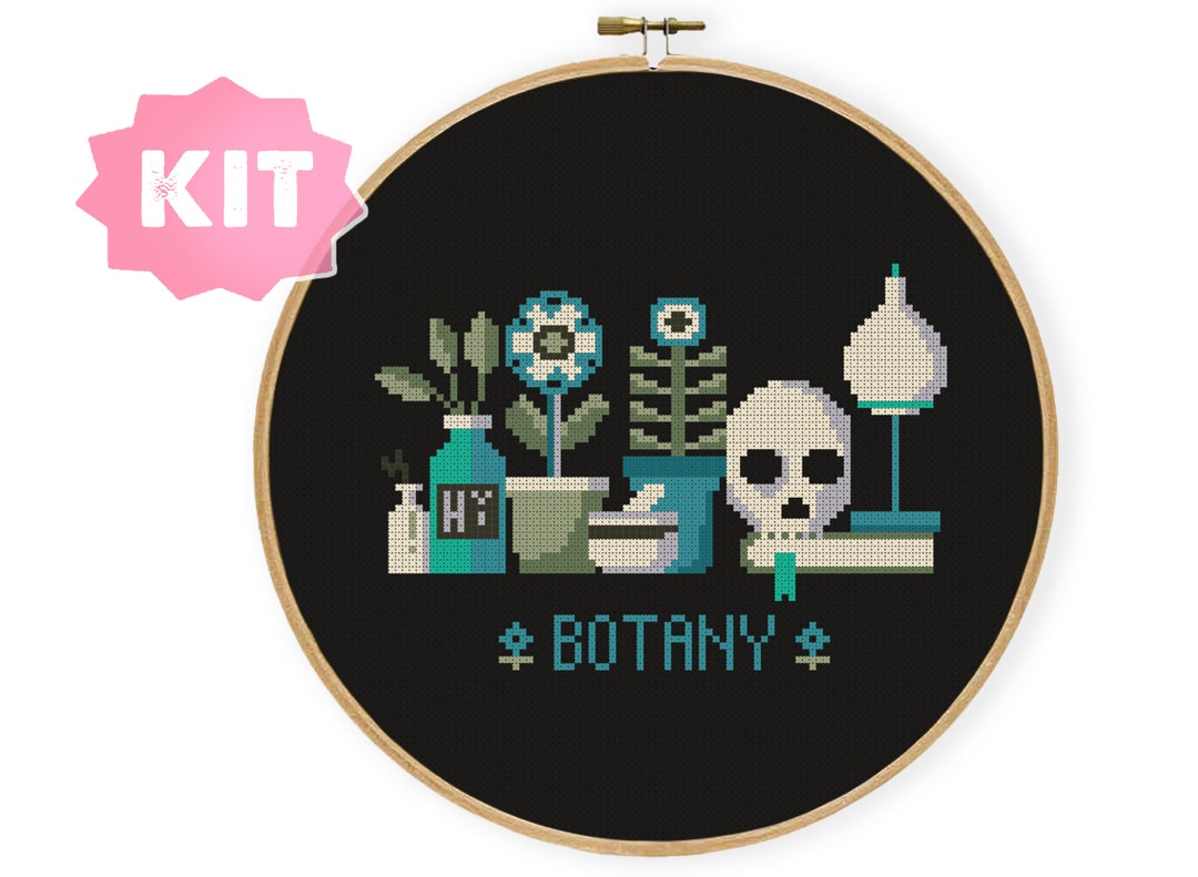 Botany Science Cross Stitch Kit, Flowers Scull Books Flask Embroidery ...