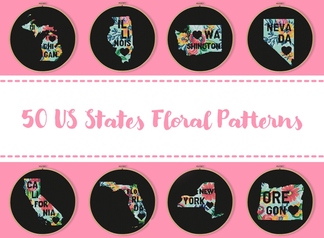 One US States Cross Stitch Patterns, Floral Your Home State Map ...