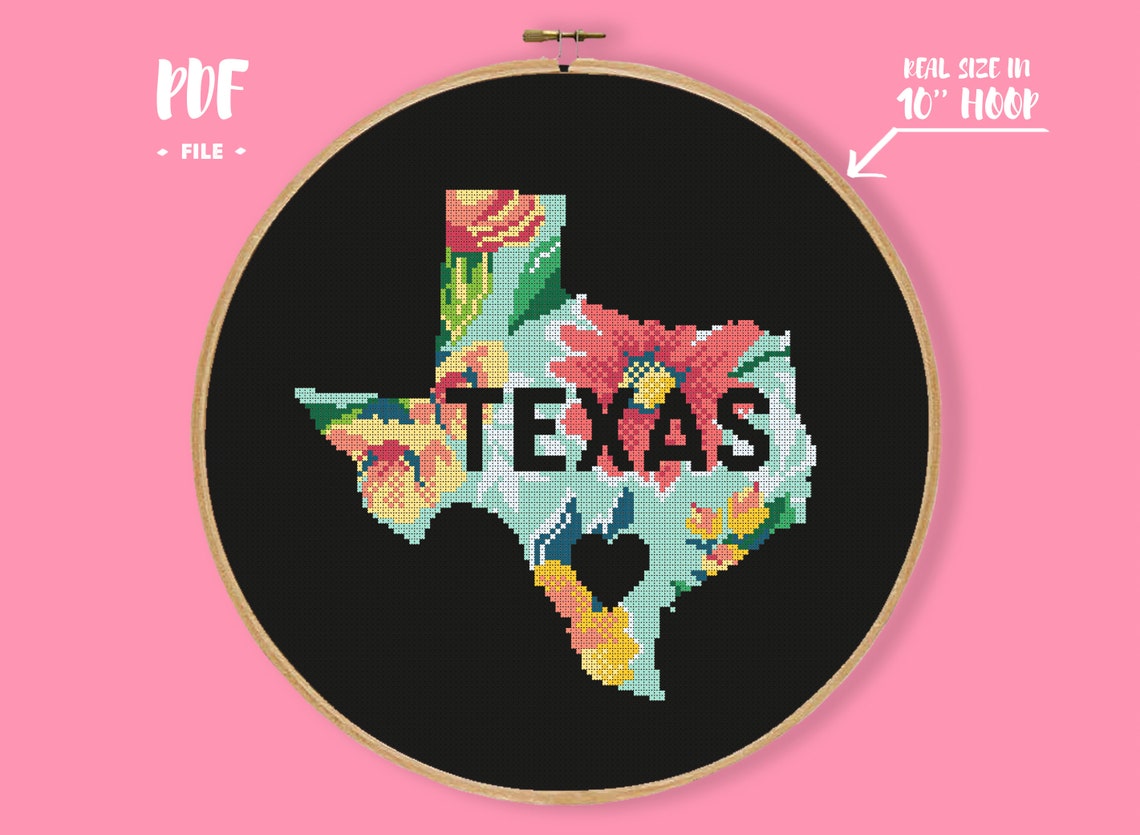 Texas Floral State Cross Stitch Pattern USA Map Embroidery I | Etsy