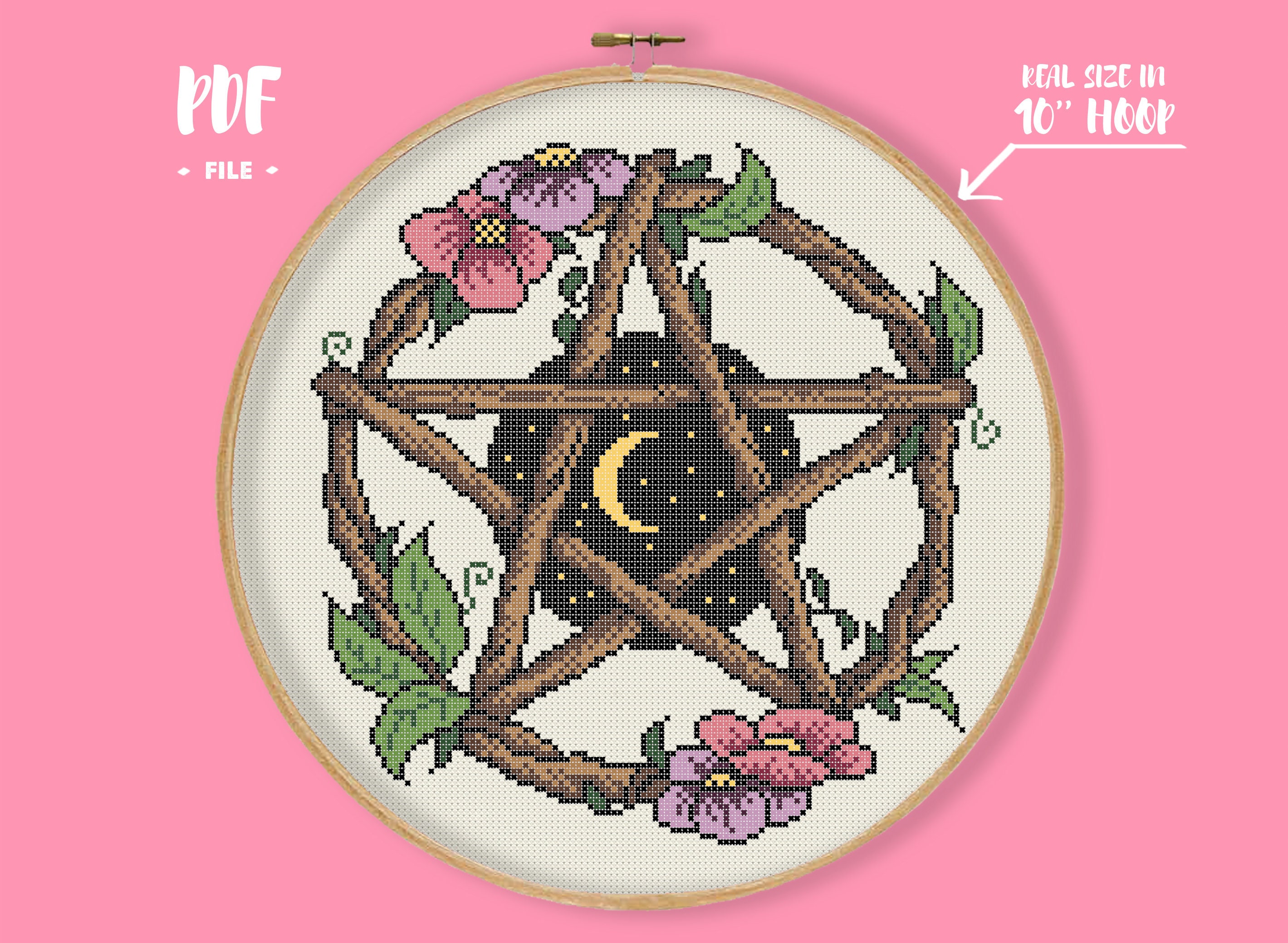 Moon Pentagram Cross Stitch Pattern, Gothic Embroidery, Night Sky Moon ...