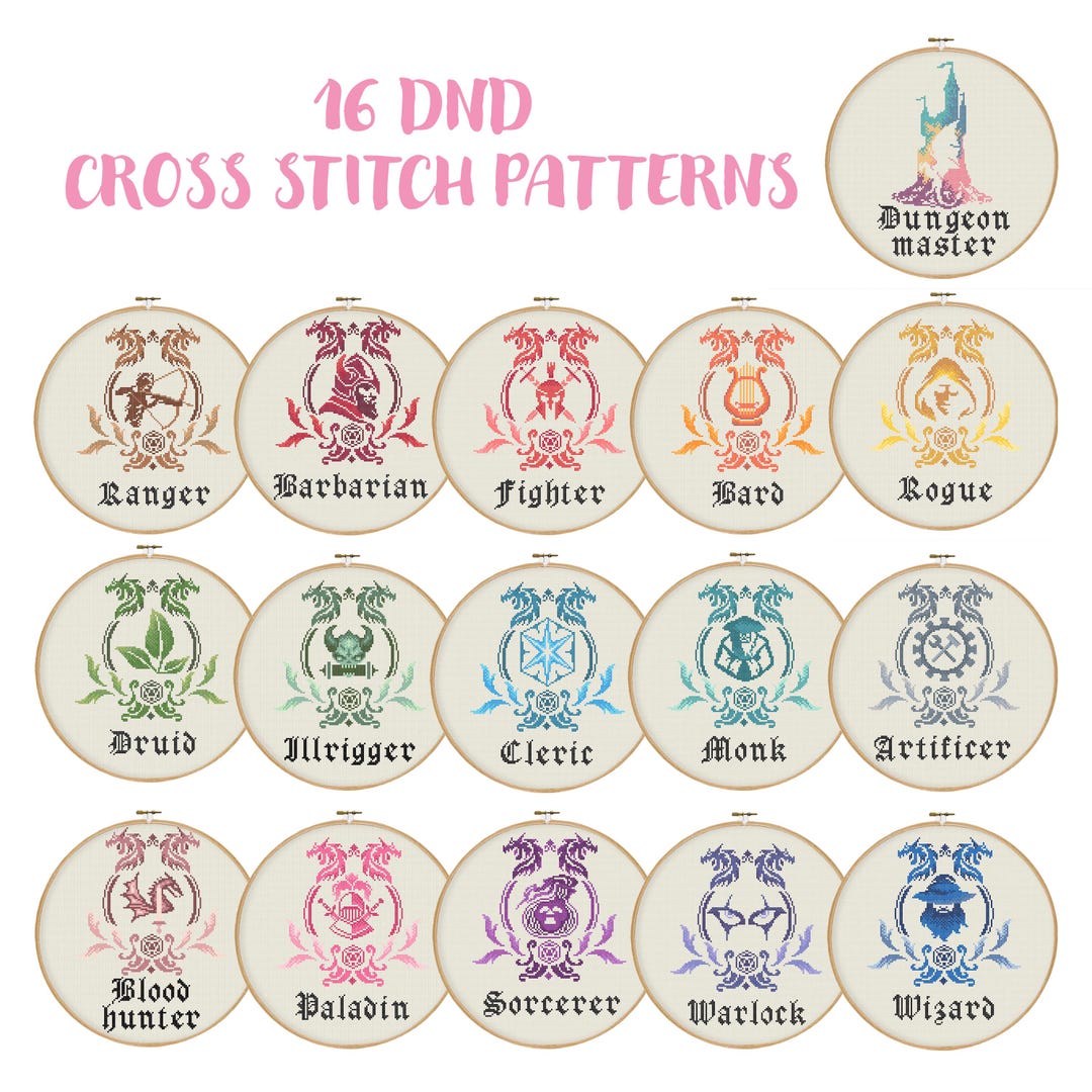 All 16 Dnd Characters Cross Stitch, Barbarian Bard Cleric Druid Fighter ...