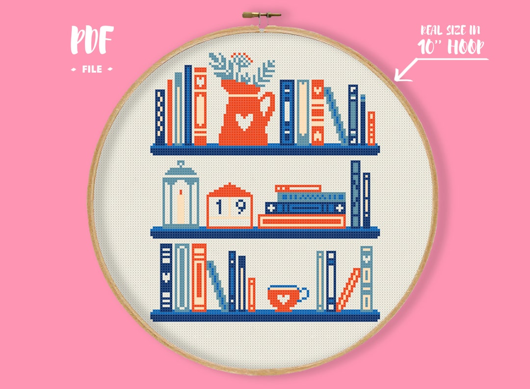 Book Shelf Cross Stitch Pattern, Book Shelf Embroidery, Books Lover ...