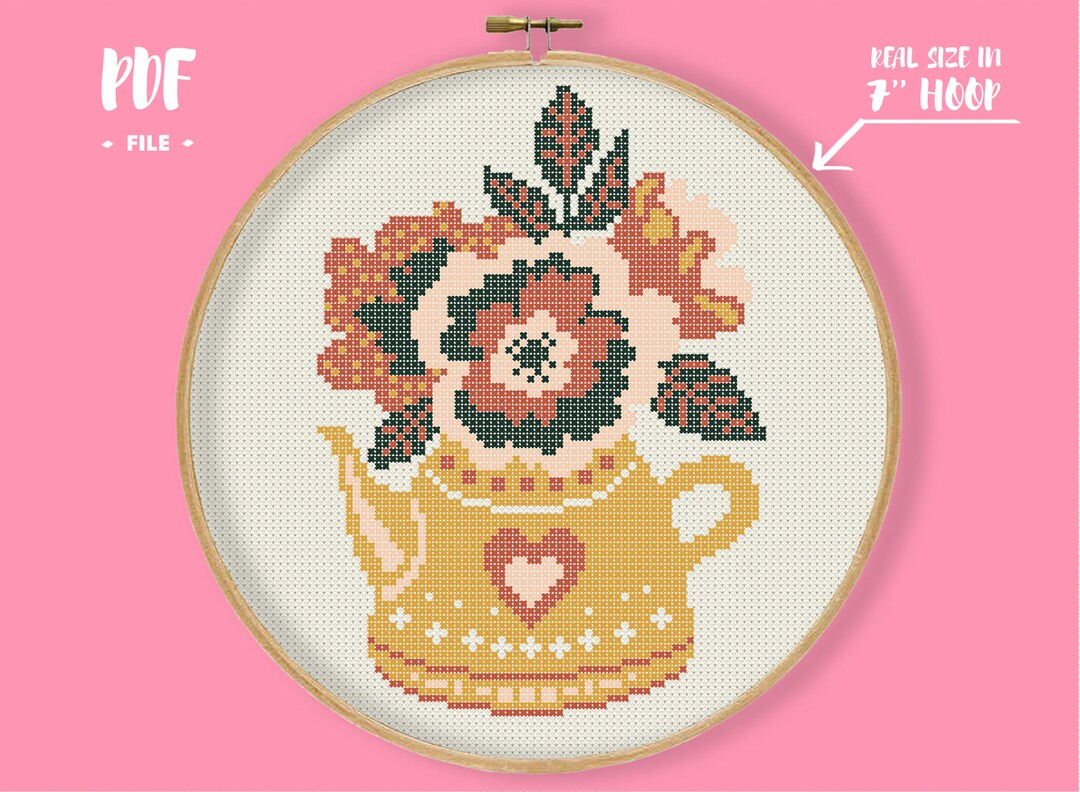 Kettle Flowers Cross Stitch Pattern, Flower Embroidery, Tea With Herbs ...