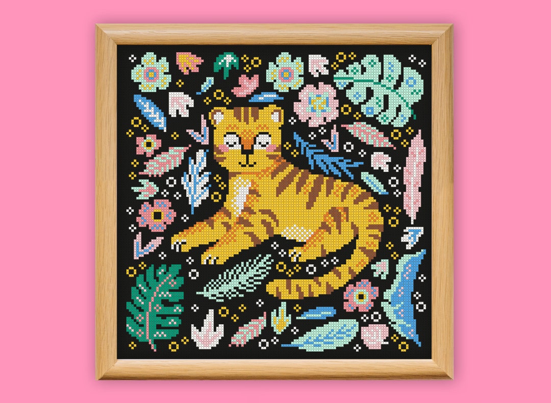 Square Tiger Cross Stitch Pattern, Cute Animal Embroidery, Nursery ...
