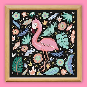 Square Flamingo Cross Stitch Pattern, Cute Animal Embroidery, Leafs ...