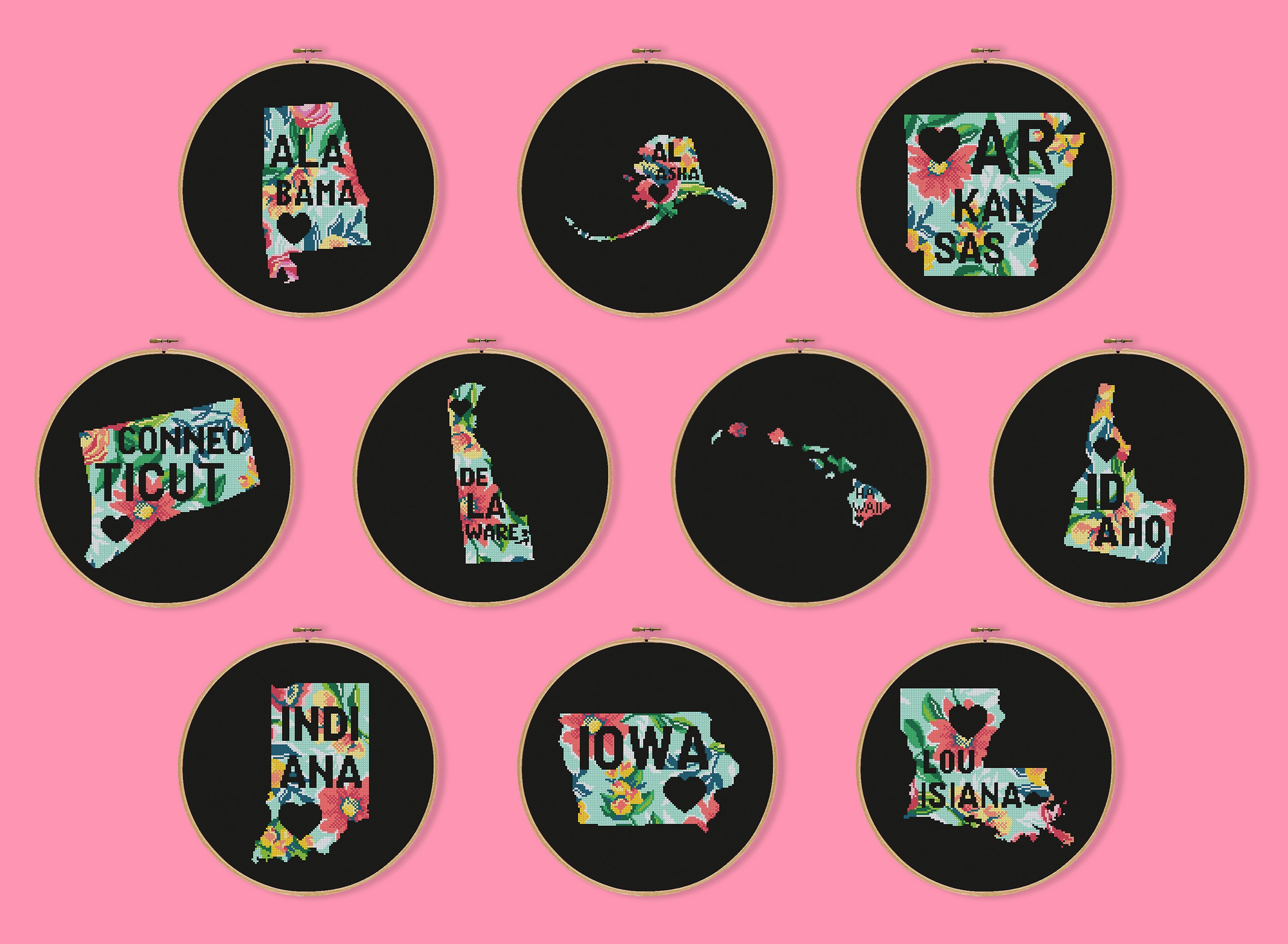 One US States Cross Stitch Patterns, Floral Your Home State Map ...