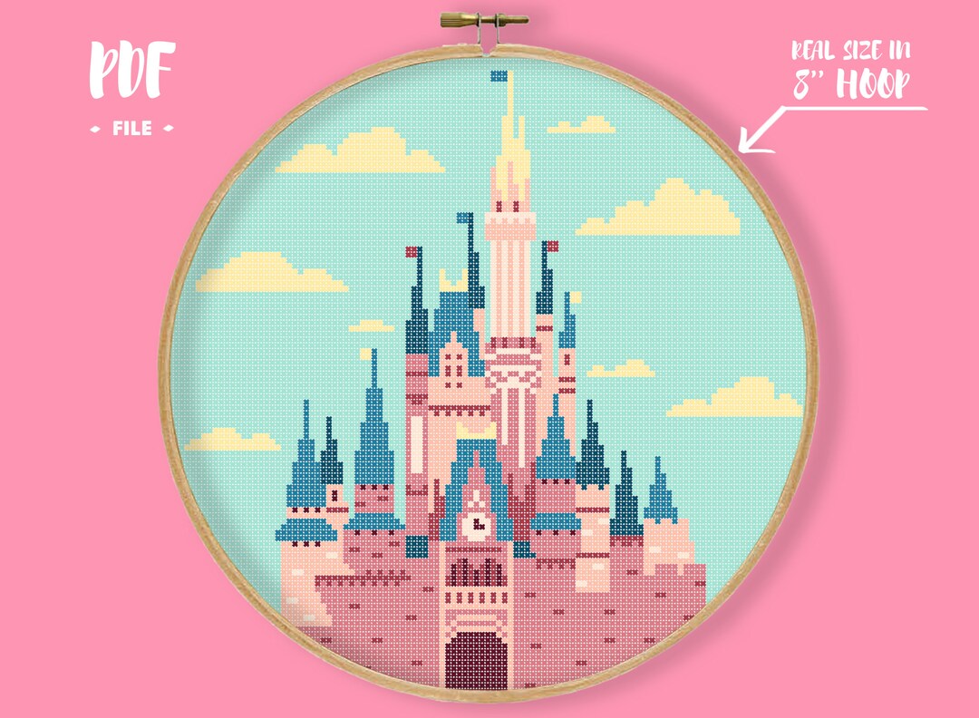 Round Pink Castle Cross Stitch Pattern, Fairy Tale Embroidery Princess ...