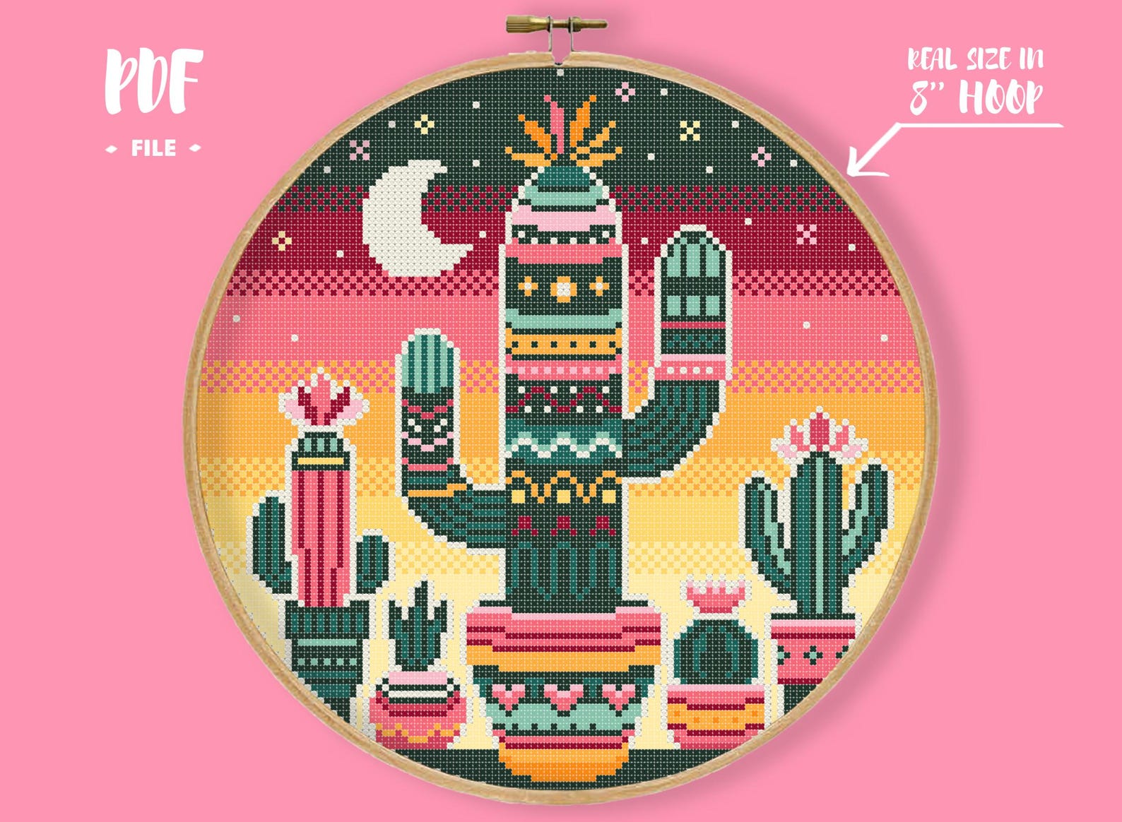 Festive Cactus Cross Stitch Pattern, Bright Mexican Desert Embroidery ...