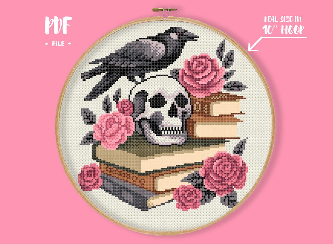 Books and Raven Cross Stitch Pattern, Dark Academy Library Embroidery ...