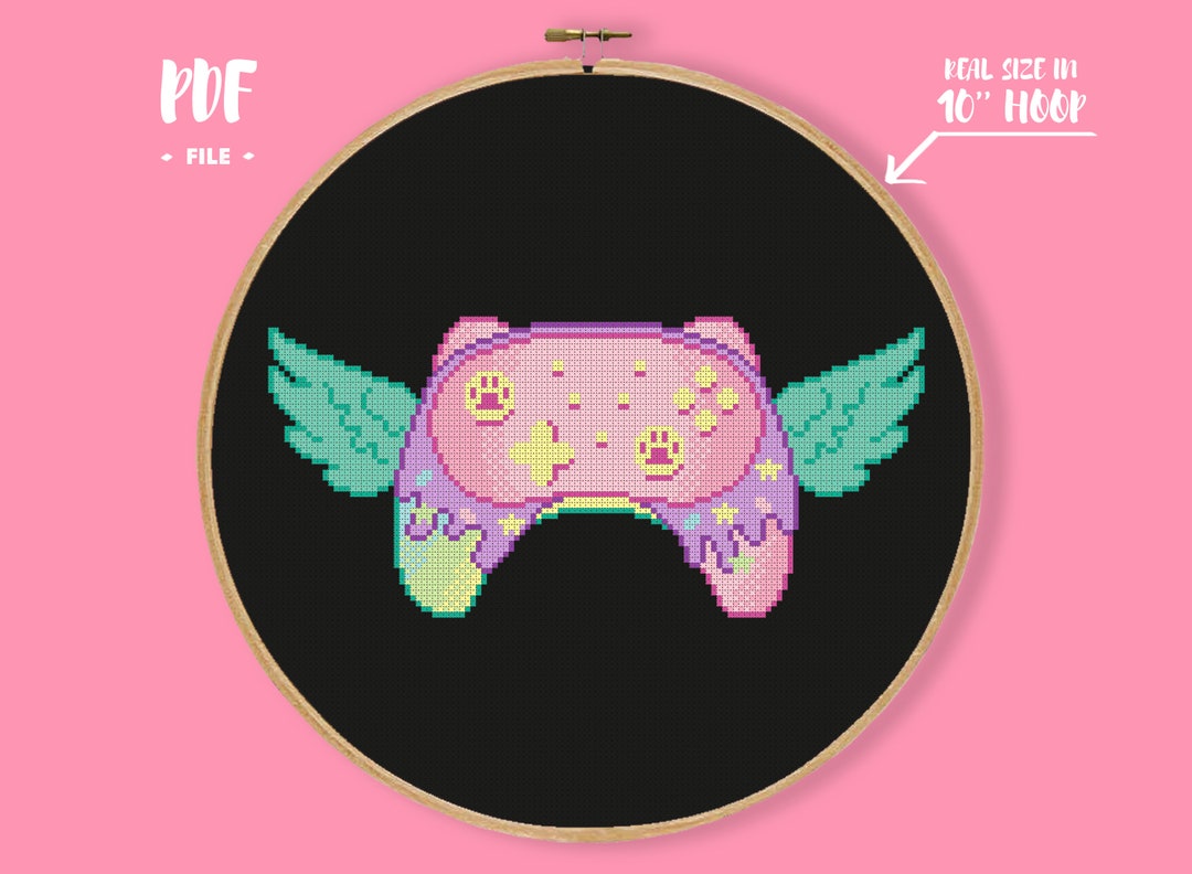Pastel Gaming 1 Cross Stitch Pattern, Pastel Goth Gamer Girl Embroidery ...