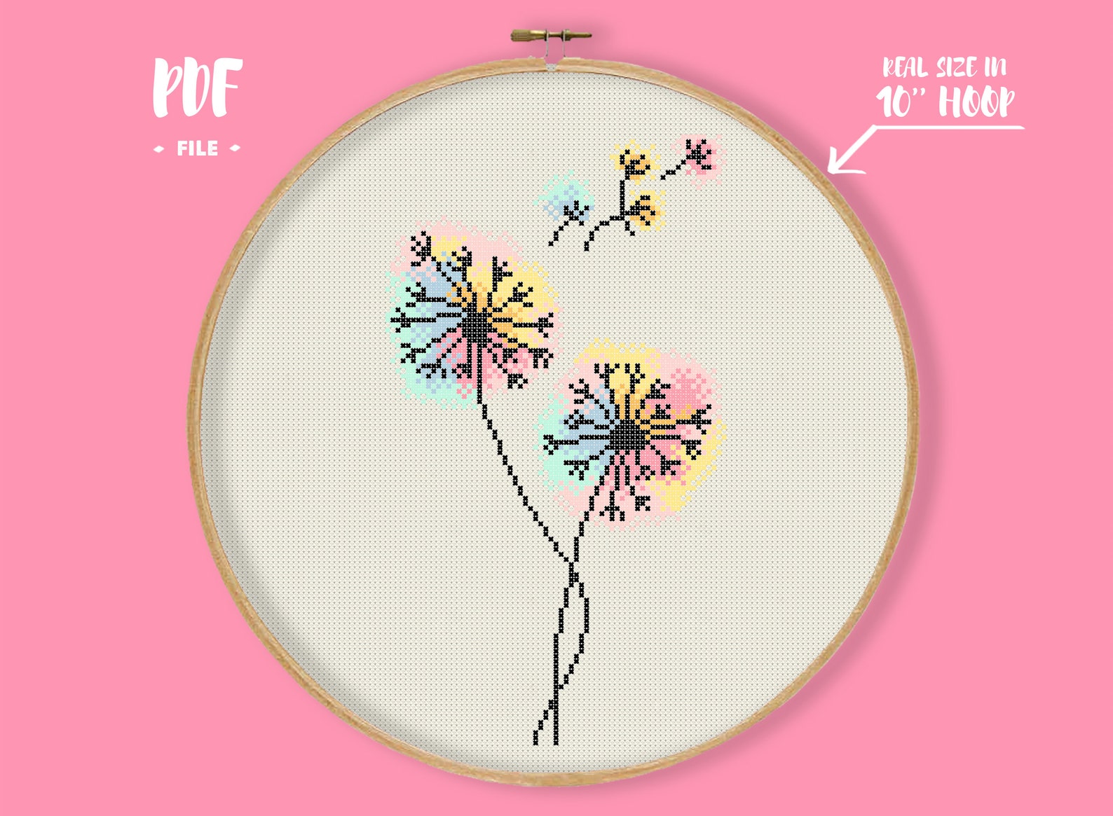 Dandelions Cross Stitch Pattern, Cute Colourful Fluffy Flowers, Spring ...