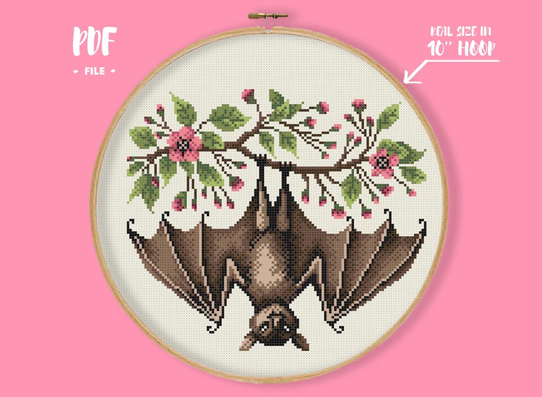 Hanging Bat Cross Stitch Pattern, Gothic Embroidery, Realistic Bat With ...