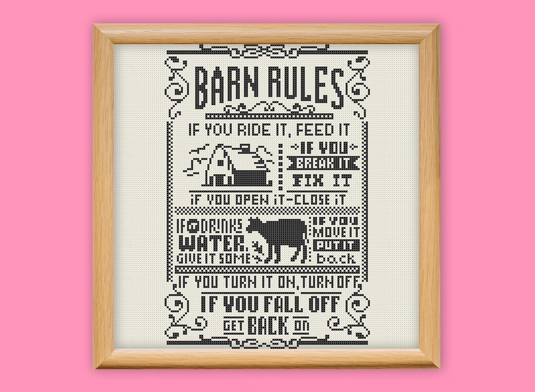 Barn Rules Cross Stitch Pattern, Text Sampler Embroidery, Monochrome ...