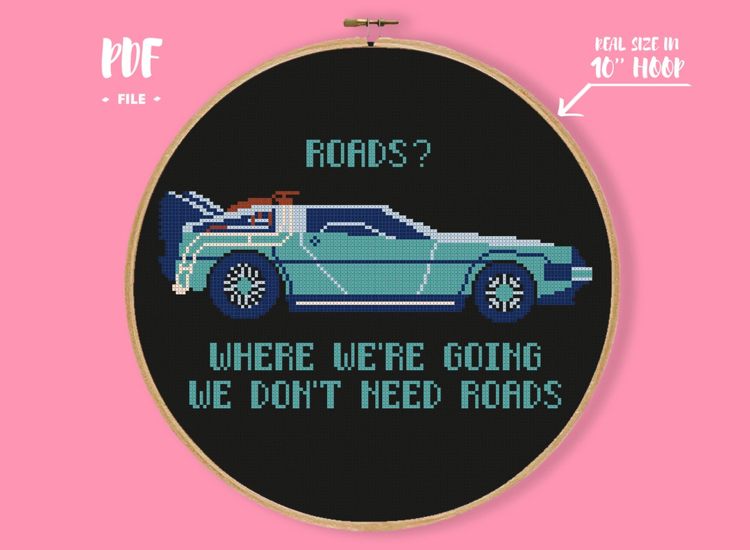 We Don’t Need Roads Cross Stitch Pattern, Retro Flying Car Embroidery ...