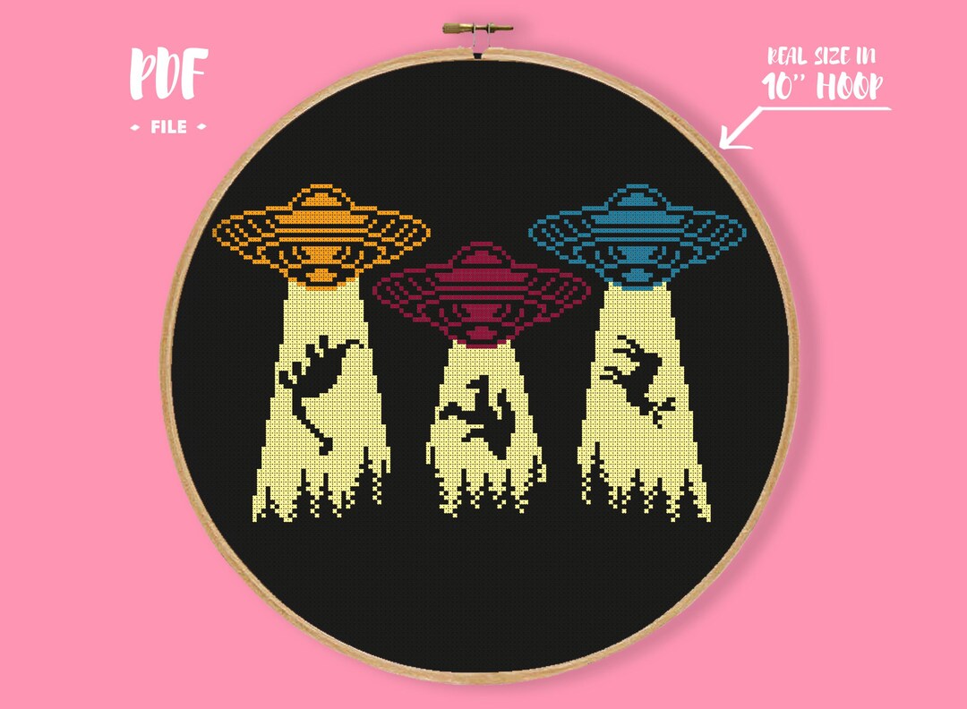 UFO Dino Cross Stitch Pattern, Funny Aliens Space Embroidery, I Want to ...