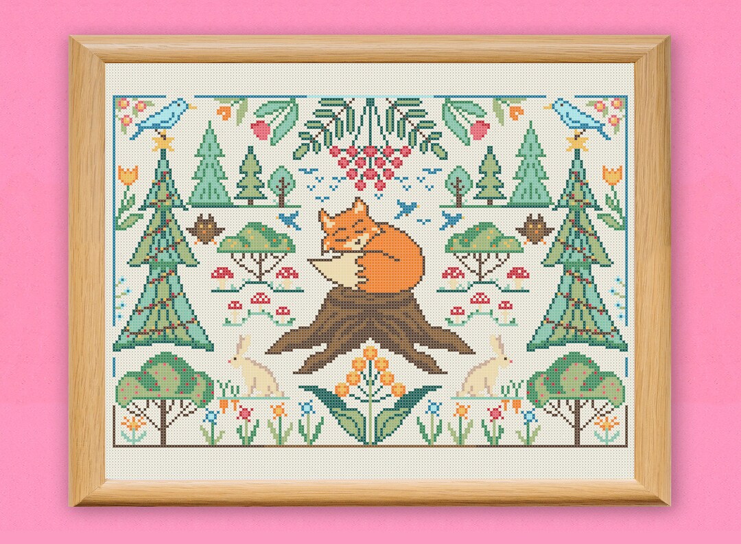 Forest Sampler Cross Stitch Pattern, Primitive Woods Embroidery, Fox ...