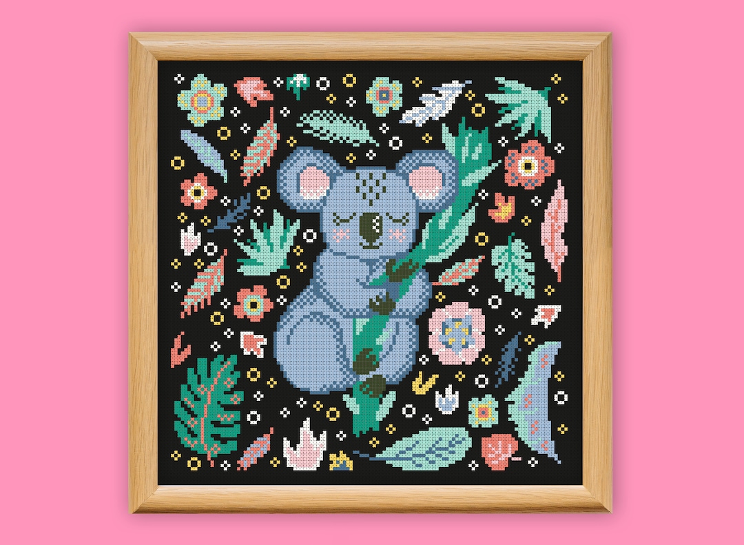 Square Koala Cross Stitch Pattern, Cute Animal Embroidery, Leafs ...