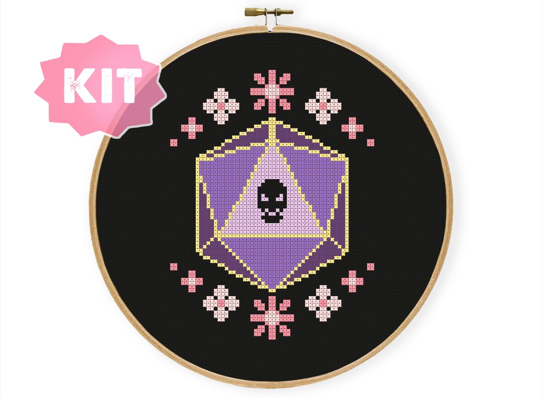Dnd Dice Skull Cross Stitch Kit, Dungeons and Dragons Embroidery, D20 ...