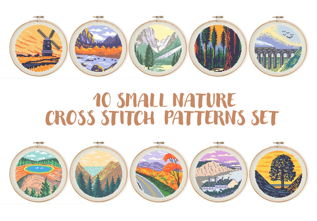 10 Small Nature Cross Stitch Patterns, Nature Landscape Embroidery ...
