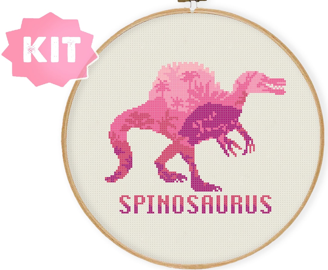 Spinosaurus Dinosaur Cross Stitch Kit, Pink Dino Embroidery, Jurassic ...