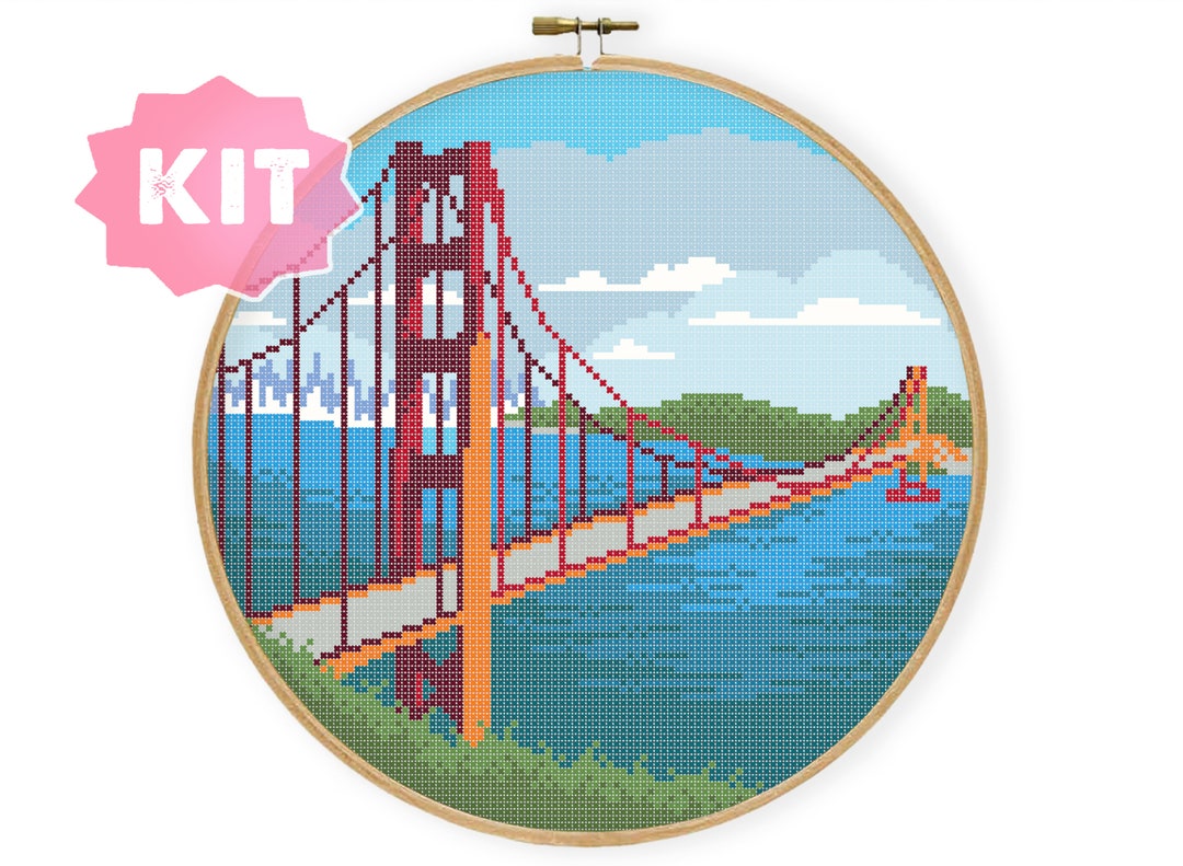San Francisco Bridge Cross Stitch Kit, California Red Bridge Embroidery ...