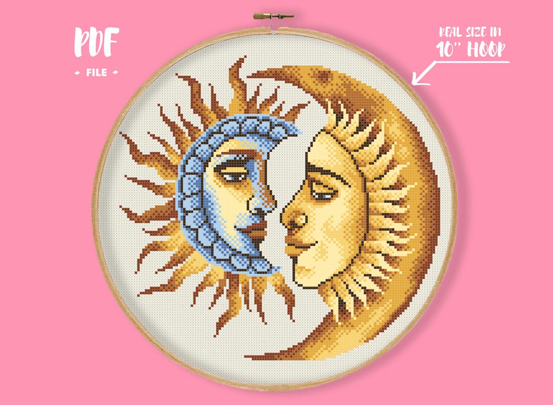 Celestial Moon and Sun Cross Stitch Pattern, Sun and Moon Embroidery ...