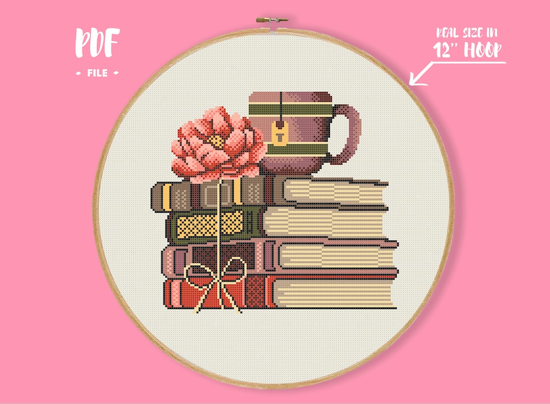 Books and Coffee Cross Stitch Pattern, Bookworm Embroidery, Cozy ...