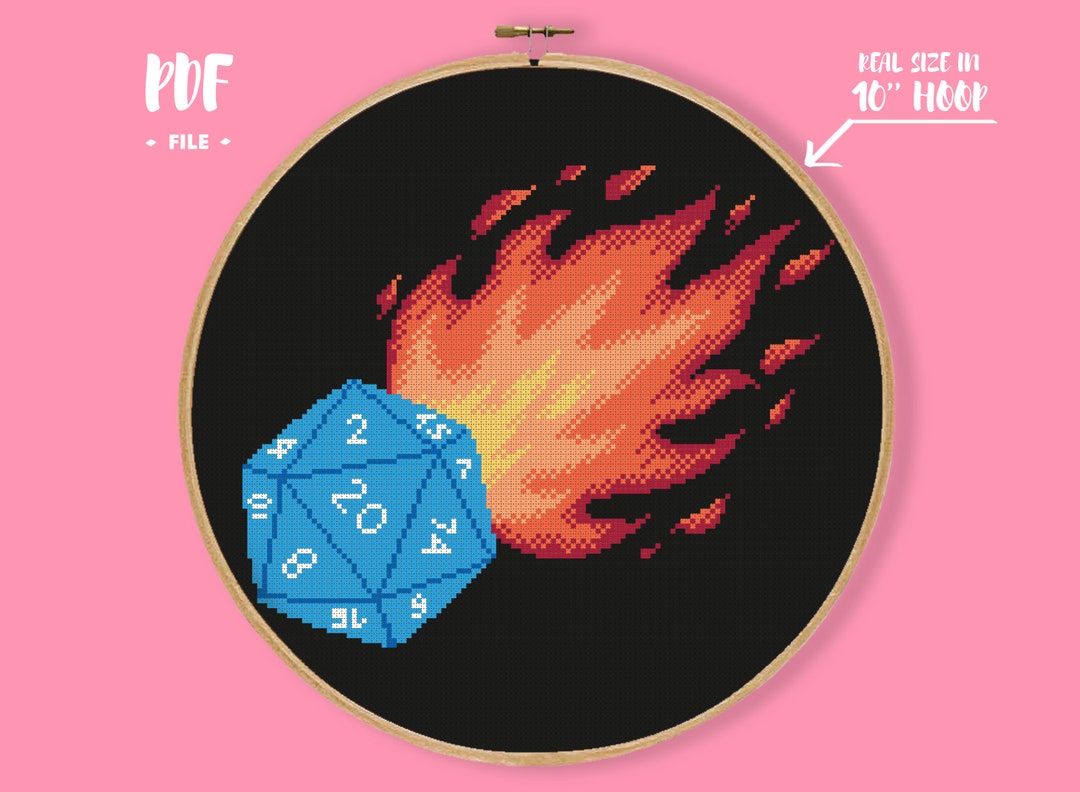 Dice on Fire Cross Stitch Pattern, Dnd Player Dice Embroidery, Dungeon ...