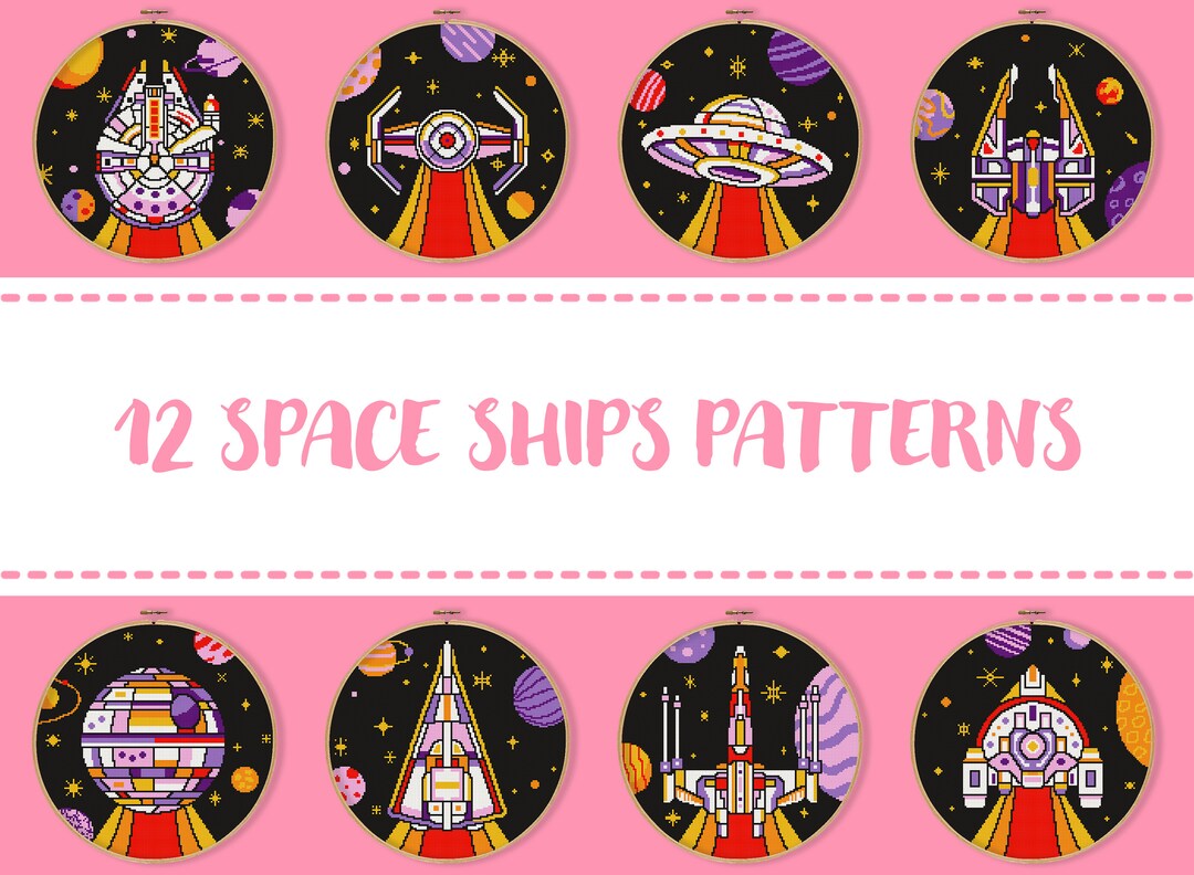 12 Space Ships Cross Stitch Patterns, Space Colorful Planets, Star Ship ...