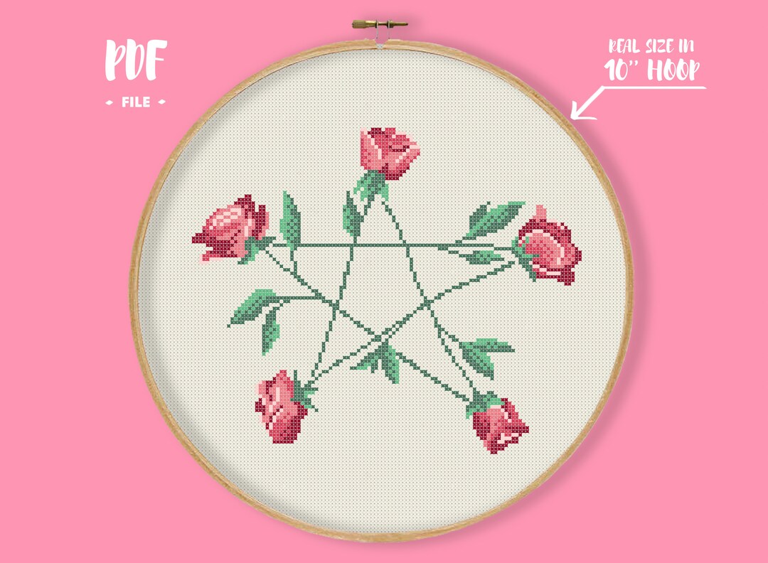 Rose Star Cross Stitch Pattern, Gothic Embroidery, Floral Pentagram ...