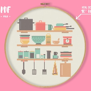 Cute Kitchen Cross Stitch Pattern, Baking Home Retro Kitchen Shelves ...