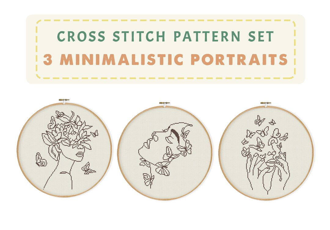 Set 3 Minimalistic Portrait Cross Stitch Pattern, Female Portrait ...