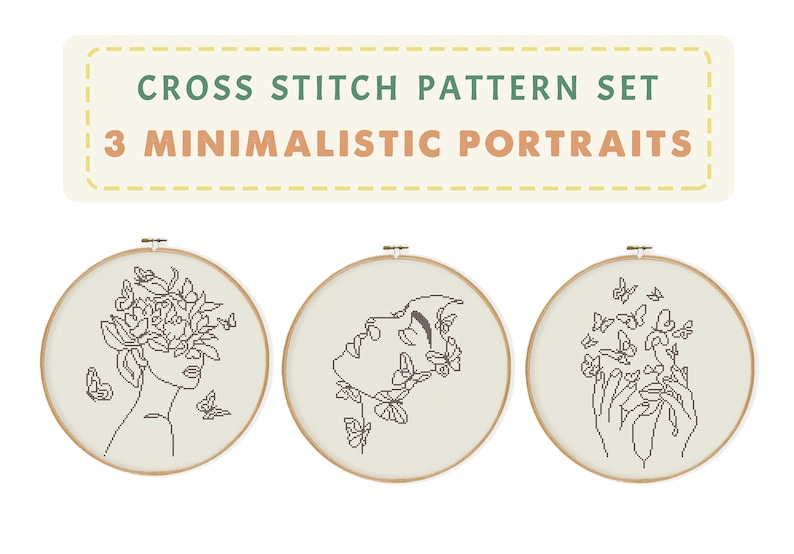 Set 3 Minimalistic Portrait Cross Stitch Pattern, Female Portrait ...