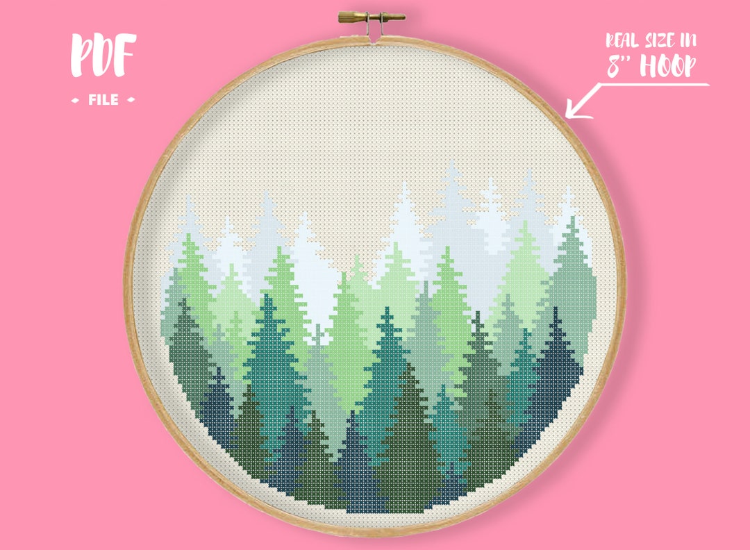 Forest in Fog Cross Stitch Pattern, Nature Trees Embroidery, Green ...