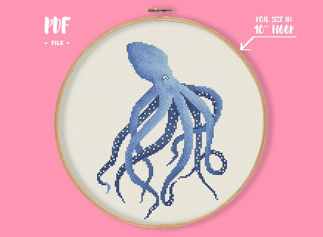 Blue Octopus Cross Stitch Pattern, Sea Animal Embroidery, Squid ...