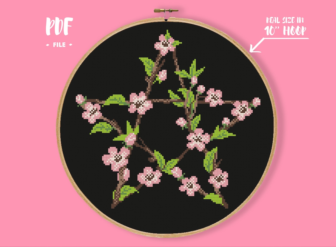 Floral Star Cross Stitch Pattern, Cute Pastel Pentagram Embroidery ...