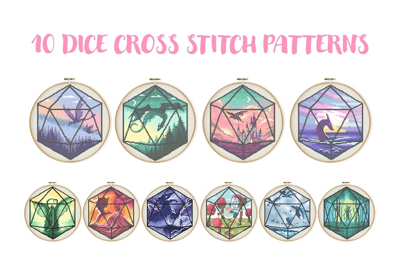 10 Dnd Dice Cross Stitch D20 Dice Silhouette Embroidery - Etsy
