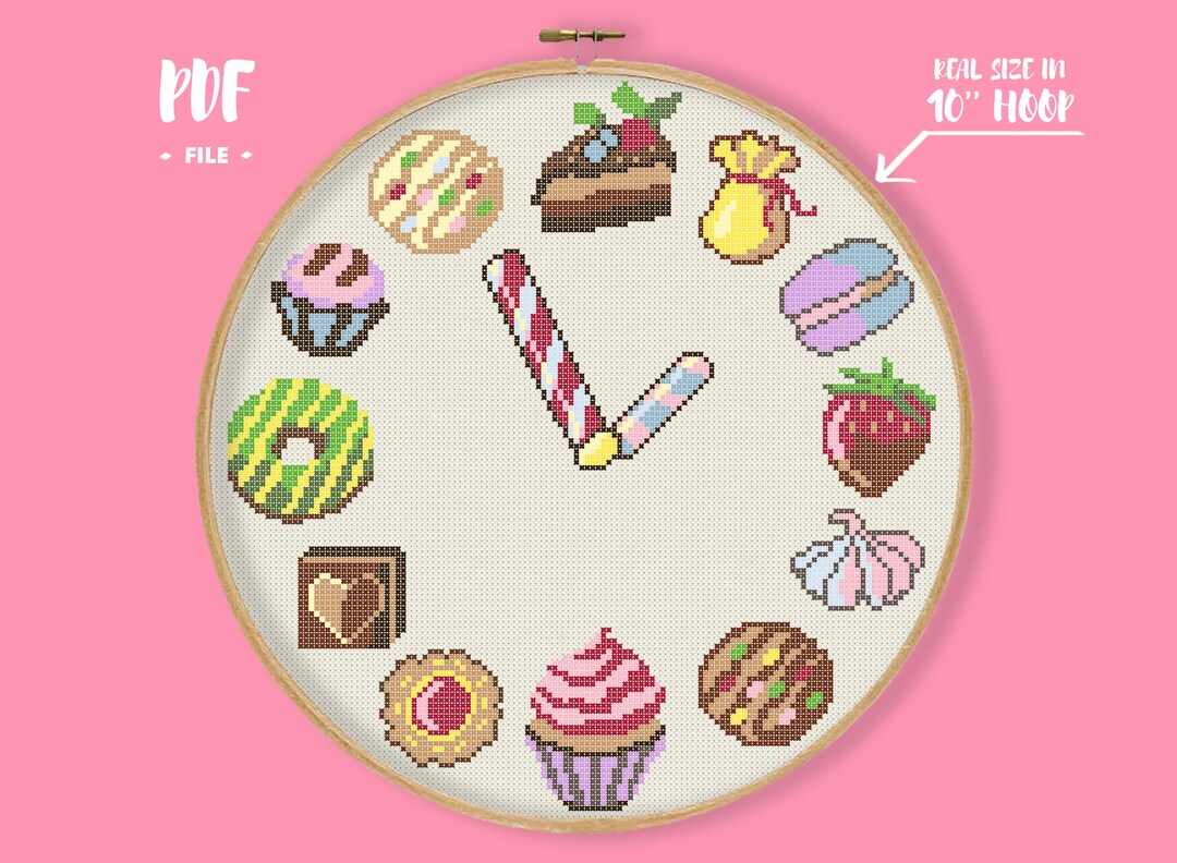 Sweet Time Cross Stitch Pattern, Clock Embroidery, Cookie Candy Cupcake ...