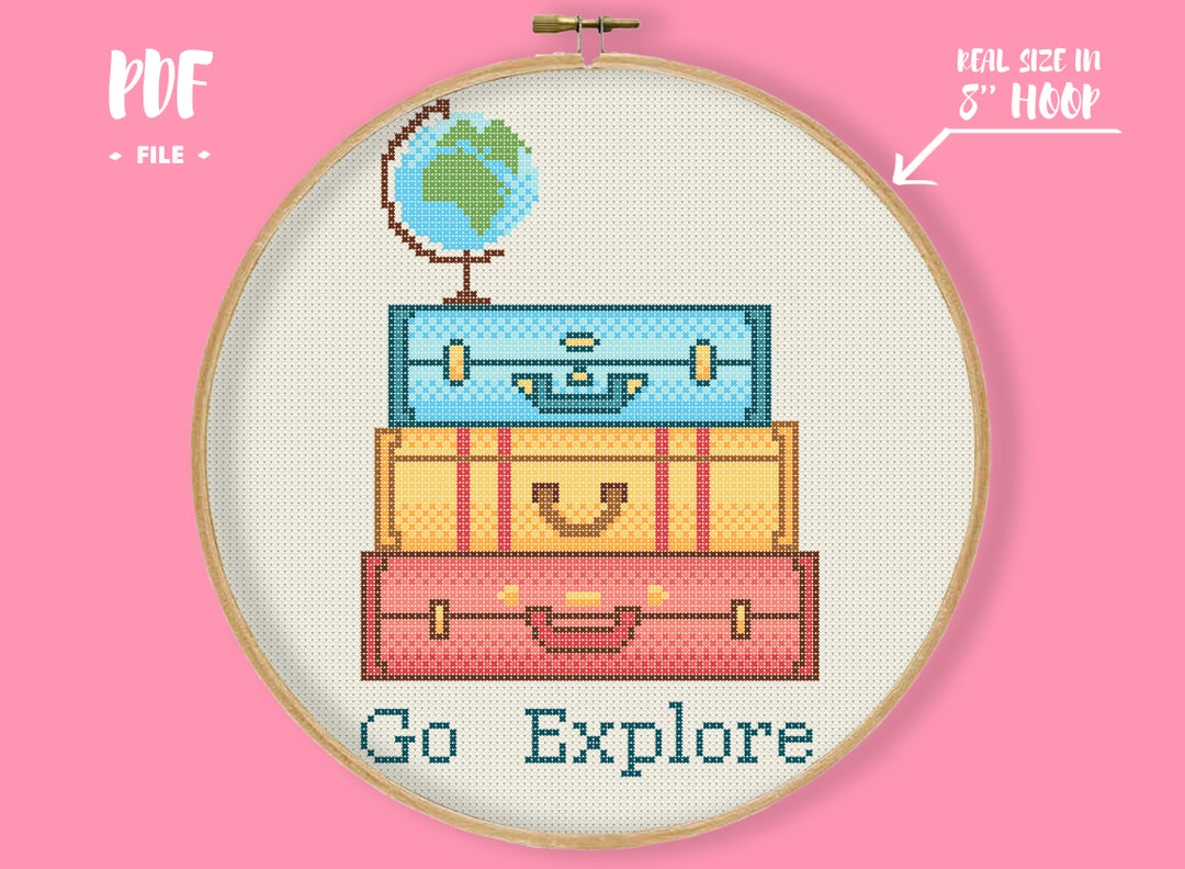 Go Explore Suitcase Cross Stitch Pattern, Globe Embroidery, Colorful ...