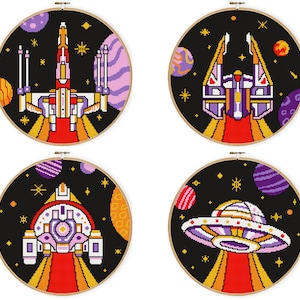12 Space Ships Cross Stitch Patterns, Space Colorful Planets, Star Ship ...