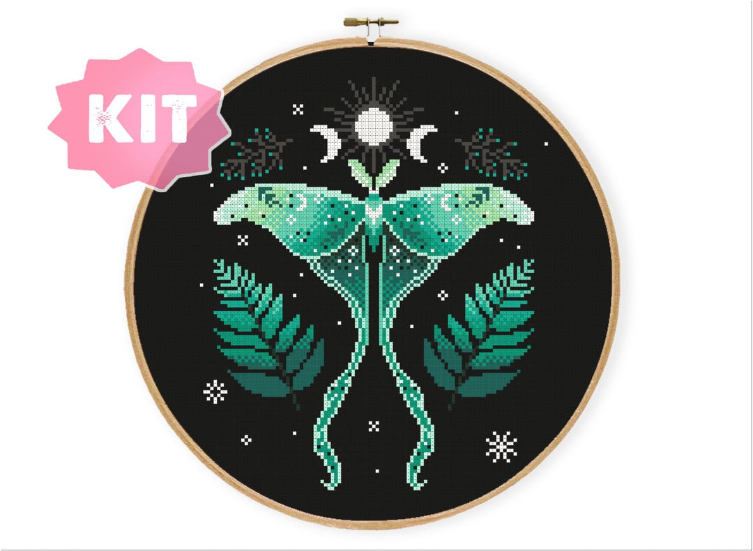 Fern Moth Cross Stitch Kit, Green Herbs Flowers Needlepoint Witchy Dark ...