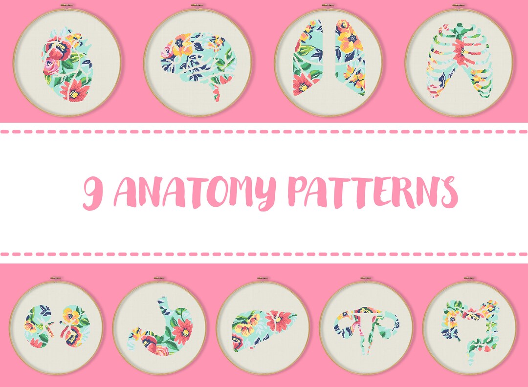 9 Patterns Set, Floral Anatomy Embroidery, Heart Brain Lungs Ribs ...