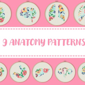 9 Patterns Set, Floral Anatomy Embroidery, Heart Brain Lungs Ribs ...