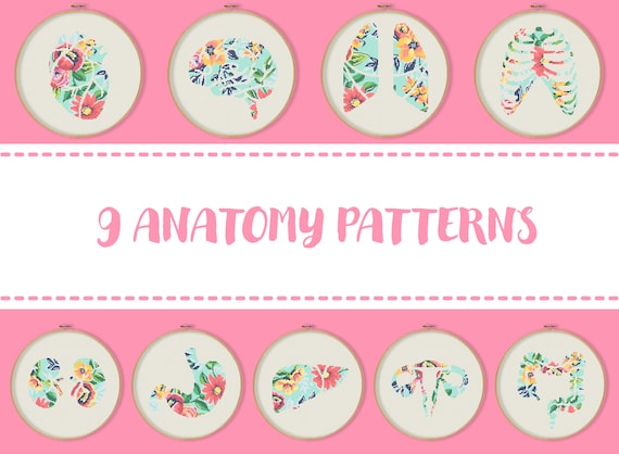 9 Patterns Set Floral Anatomy Embroidery Heart Brain Lungs | Etsy