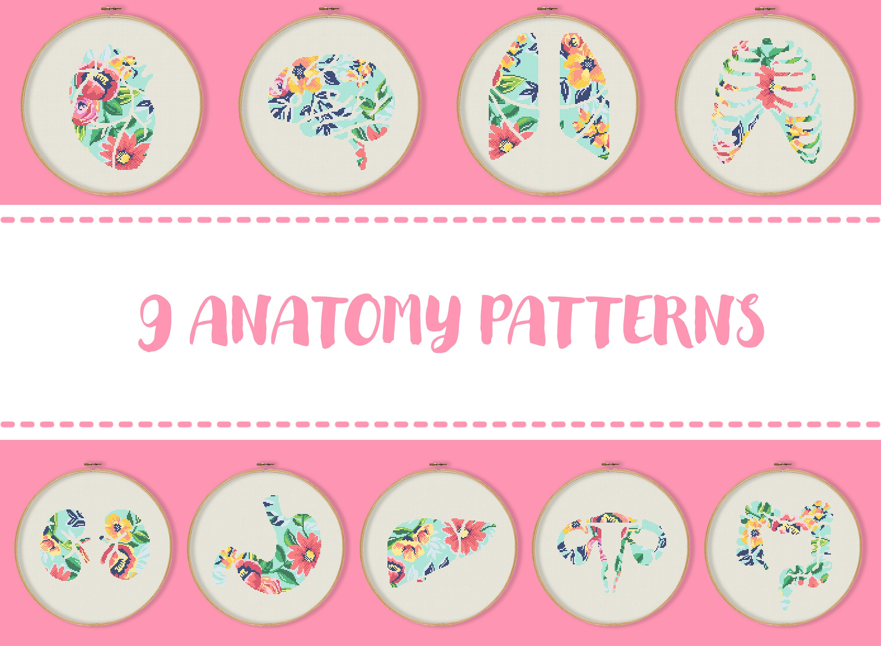 9 Patterns Set Floral Anatomy Embroidery Heart Brain Lungs - Etsy
