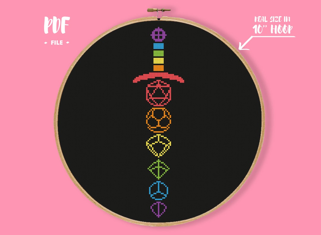 Dice Sword Cross Stitch Pattern, Rainbow Game Embroidery, Dice ...